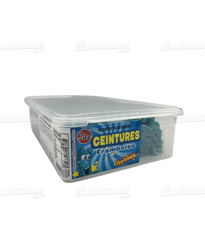 Blue belt-shaped jelly candy with raspberry flavour